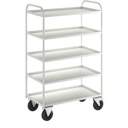 Kongamek Etagenwagen KM41, 5 Etagen mit Aufkantung, LxBxH 955 x 550 x 1490 mm, weiß, 2 Lenkrollen mit Stopp, 2 Bockrollen
