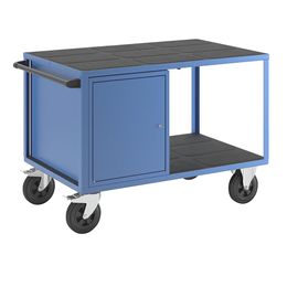 eurokraft pro Montagewagen, Tragfähigkeit 500 kg, 1 Schrank links, Arbeitsfläche aus Kunststoff, lichtblau RAL 5012