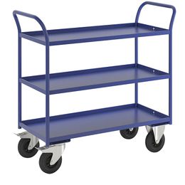 Kongamek Tischwagen KM41, 3 Etagen mit Aufkantung, LxBxH 1080 x 450 x 1000 mm, blau, 2 Lenkrollen mit Stopp, 2 Bockrollen