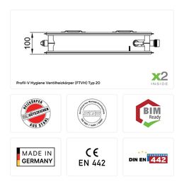 Kermi Profil-V therm-x2 Hygiene Flachheizkörper Typ 20 Weiß 500x100x1100mm Ventil rechts 971W bei 75/65/20 Grad C FTV200501101R1K