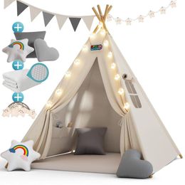 Kindertipi Spielzelt Baumwolle Kinderzelt 130x130x160cm Bodenmatte Girlande Lichterkette 3 Kissen Holz Stabilisierung Tragetasche weiß - Spielwerk