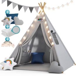 Kindertipi Spielzelt Baumwolle Kinderzelt 130x130x160cm Bodenmatte Girlande Lichterkette 3 Kissen Holz Stabilisierung Tragetasche blau - Spielwerk