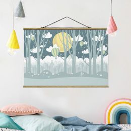 MICASIA Stoffbild mit Posterleisten - Mond mit Bäumen und Häusern - Querformat 2:3 Größe HxB: 53.5cm x 80cm Material: Eiche