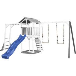 AXI Beach Tower Spielturm aus Holz in Weiß & Grau Spielhaus für Kinder mit blauer Rutsche, Klettergerüst, Doppelschaukel und Sandkasten Stelzenhaus für