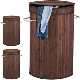 Relaxdays 3 x Wäschekorb Bambus, runder Wäschesammler mit Klappdeckel, 65 l, faltbare Wäschetonne, ø 40 cm, Wäschebehälter, braun