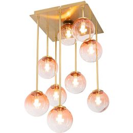 Qazqa Art-Deco-Deckenlampe Gold mit rosa Glas 9 Lichter - Athen - Rosa