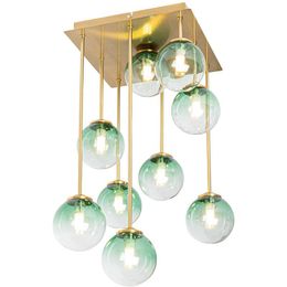Qazqa Art-Deco-Deckenlampe Gold mit grünem Glas 9 Lichter - Athen - Grün