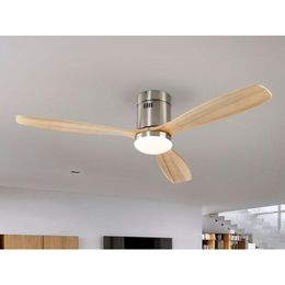 Schuller Siroco Ultraleiser Deckenventilator mit 6 Geschwindigkeiten, satiniertem Nickel, Holzflügel mit LED-Licht, Fernbedienung, Timer und