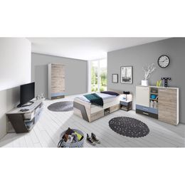 Lomadox Jugendzimmer Set mit Bett 90x200 cm mit Kleiderschrank LEEDS-10 in Sandeiche Nachbildung mit weiß, Lava und Denim Blau - grau
