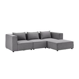 Juskys modulares Sofa Domas L - Couch Wohnzimmer - 3 Sitzer - Ottomane & Kissen - Stoff Dunkelgrau
