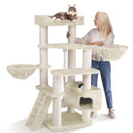 HAPPYPET Kratzbaum Massiv XL Katzenbaum stabil 156 cm Kletterbaum Groß Creme