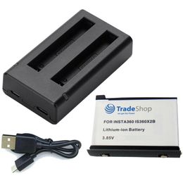 TRADESHOP 2in1 Set: Akku + Doppel Dual led Ladegerät inkl. Micro-USB-Kabel passend für IS360X2B cinosbt cinosbt/a kompatibel mit Insta360 one X2 Kamera