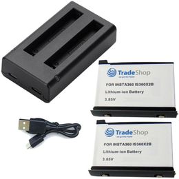TRADESHOP 3in1 Set: 2x Akku + Doppel Dual led Ladegerät inkl. Micro-USB-Kabel passend für IS360X2B cinosbt cinosbt/a kompatibel mit Insta360 one X2 Kamera