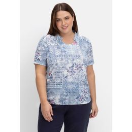 sheego Große Größen: Shirt mit Alloverprint und V-Ausschnitt, blau gemustert, Gr.40