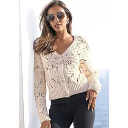 Vivance Ajourstrickjacke beige Gr. 32/34 für Damen. Mit V-Ausschnitt. Figurumspielend. Nachhaltig.