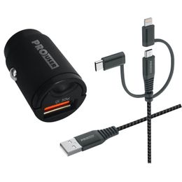 Pro User PROUSER KFZ USB-Lader-Set 20176, QC, extra klein, 3in1 USB-Kabel, schwarz