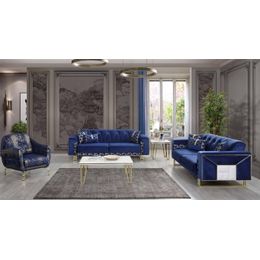 JVmoebel Wohnzimmer-Set Luxus Blaue Wohnzimmer Designer Dreisitzer Couchtisch Beistelltisch