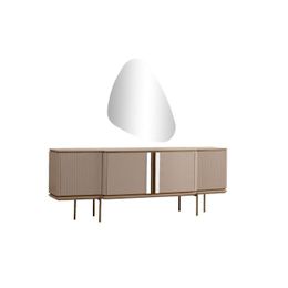 JVmoebel Esszimmer-Set Beige Esszimmer Anrichte 2-türig Luxuriöser Spiegel Moderne Holz Möbel