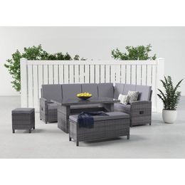 Konifera Gartenlounge-Set Paris, (Set, 17-tlg., 2x 3er Bank, 1x Sitzbank, 1x Hocker, 1x Tisch 140x80x67cm, Aluminium), inkl. Auflagen/Schutzhülle, Polyrattan, Rückenlehne verstellbar, grau