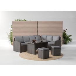 Konifera Gartenlounge-Set London, (Set, 17-tlg., 2x3er Sofa, 2x Hocker, 1x Tisch 140x80x66cm, inkl. Auflagen), inkl. Schutzhülle, Aluminium, Polyrattan, grau