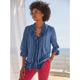 Rüschenbluse Heine Gr. 40, blau (jeansblau) Damen Blusen langarm