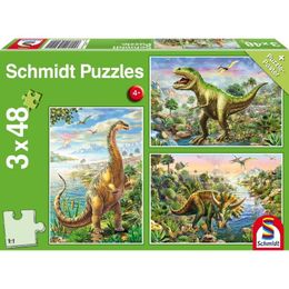 Schmidt Spiele Schmidt Puzzle 3x48 - Abenteuer mit den Dinosauriern (Kinderpuzzle)