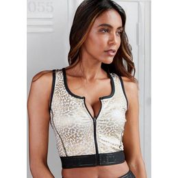 active by Lascana LASCANA ACTIVE Crop-Top -Sporttop mit glänzendem Animalprint und 3D-Schriftzug auf dem Bund, goldfarben