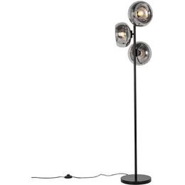 Qazqa Art-Deco-Stehlampe schwarz mit Rauchglas 3-flammig – Ayesha - Schwarz