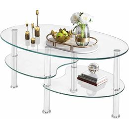 Couchtisch Glas, Glastisch Oval, Beistelltisch Sicherheitsglas, Kaffeetisch 3-Etagen-Design, Wohnzimmertisch Metallrahmen, 89 x 51 x 45,5 cm
