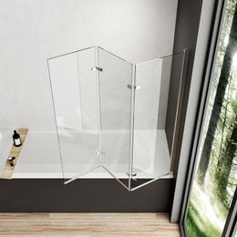 Duschabtrennung 130x140 cm Duschwand für Badewanne, 3-teilig faltbar Badewannenaufsatz mit 6mm Nano Easy Clean Glas - Meykoers