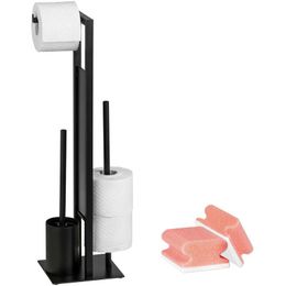 Wenko Stand WC-Garnitur Rivalta, 3-in-1-Funktion mit Toilettenpapier-, Ersatzrollen- und WC-Bürstenhalter, inkl. WC-Bürste, Stahl, schwarz matt, Maße 18 x