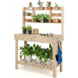 Costway - Pflanztisch mit Ablageboden, Gärtnertisch aus Holz mit 3-stöckiges Langregal & Aufklappbarer Tischplatte & 3 Haken, Blumentisch für