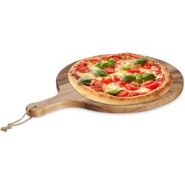 Pizzabrett, rundes Schneidebrett aus Akazienholz, ø 35,5 cm, Pizzateller mit Griff, Käsebrett, natur - Relaxdays