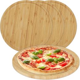 Pizzateller, 4er Set, Bambus, ø 32 cm, Servierbrett für Pizza, Flammkuchen, Käse, rundes Pizzabrett, natur - Relaxdays