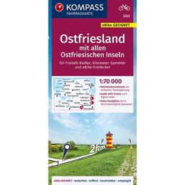 KOMPASS Fahrradkarte 3322 Ostfriesland mit allen Ostfriesischen Inseln mit Knotenpunkten 1:70.000, Karte (im Sinne von Landkarte)