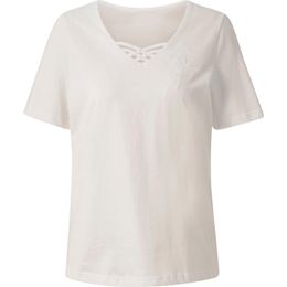 CR&Eacute;ATION L Damen Kurzarmshirt mit Deko am V-Ausschnitt wei&szlig; Gr&ouml;&szlig;e 38