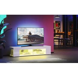 SONNI TV-Schrank TV Lowboard Breite 135cm Weiß Hochglanz mit LED Beleuchtung mit Glasböden
