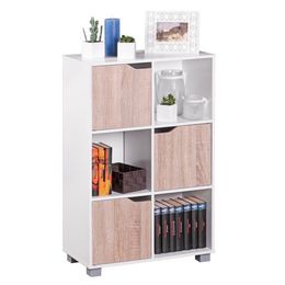 Wohnling Design Bücherregal Modern Holz Weiß mit Türen Sonoma Eiche Standregal freistehend 6 Fächer