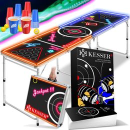 Kesser&reg; Bier Pong Tisch Set mit Kartenspiel Trinkspiel inkl. 100 Becher (50 Rot & 50 Blau), 6 B&auml;lle + Regelwerk Partyspiele Table H&ouml;henverstellbar Klappbarer ohne oder mit LED