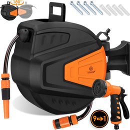 Kesser® Schlauchtrommel Wasser Schlauchaufroller Inkl. 2-Wege-Verteiler + Multi-Handbrause Wasserschlauchtrommel Automatik 180° Schwenkbar Wandhalterung Gartenschlauch Orange