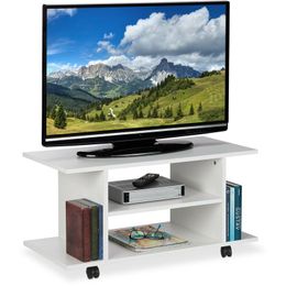 Tv Board mit Rollen, 4 offene Ablagen, fahrbarer Couchtisch, für Geräte, CDs, DVDs, hbt 40 x 80 x 40 cm, weiß - Relaxdays