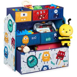 Kinderregal mit 6 Stoffboxen, Monster Design, HxBxT: 66 x 63,5 x 30 cm, Spielzeugregal fürs Kinderzimmer, bunt - Relaxdays