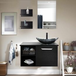 Puluomis - Badezimmer Badmöbel Set Waschtischunterschrank Schwarz Badezimmerschrank mit Waschbecken, Badezimmerspiegel und 2 Wandregale, Wasserhahn