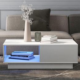 Merax - Couchtisch hochglanz mit 15 Farben LED-Beleuchtung inkl. Ferndienung, Wohnzimmertisch mit großen Stauraum und Schublade,weiß