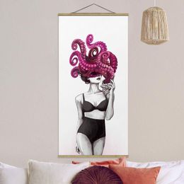 MICASIA Stoffbild mit Posterleisten - Laura Graves - Illustration Frau in Unterwäsche Schwarz Weiß Oktopus - Hochformat 2:1 Größe HxB: 70cm x 35cm Material: