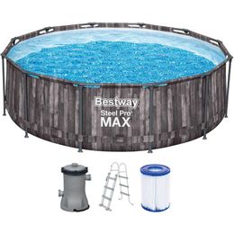 Bestway Steel Pro max™ Frame Pool-Set mit Filterpumpe ø 366 x 100 cm, Holz-Optik (Mooreiche), rund - Grau