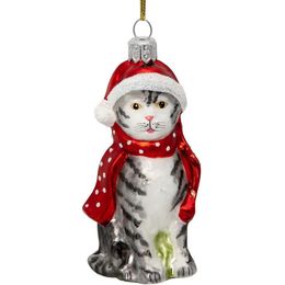 SIKORA Christbaumschmuck BS734 Katze mit Weihnachtsmütze Glas Figur Weihnachtsbaum Anhänger