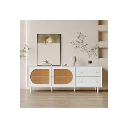 Ulife TV-Schrank Rattandesign Fernsehtisch mit Echtholzfüßen und 2 Schubladen 180*40*65cm