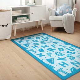 Teppich Alphabet mit Herzen und Punkten in Blau mit Rahmen