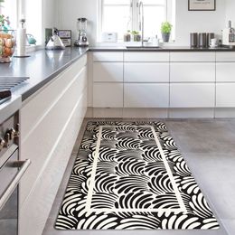 Teppich Quadratische Blätterornamente Schwarz Weiß mit Rahmen